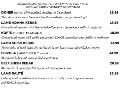 TURKISH KEBAB HOUSE| MENU
